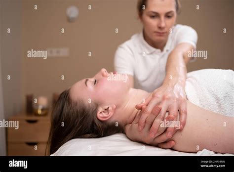 Close Up Experienced Physiotherapist Doing Chest Muscle Massage To