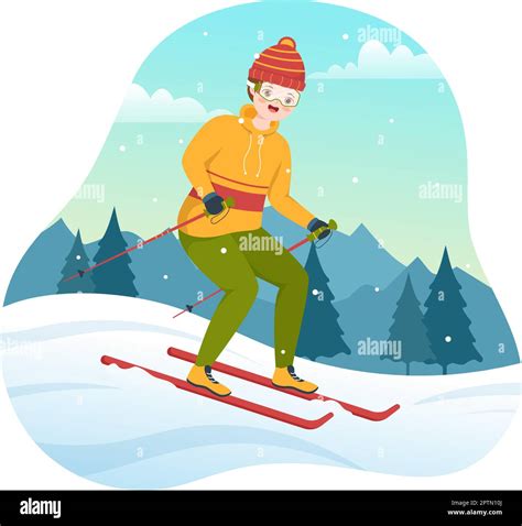 Ski Illustration With Skiers Sliding Near Mountain Going Downhill In
