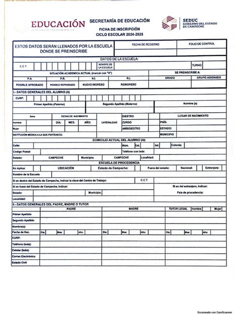 Ficha De Inscripción Ciclo Escolar 2024 2025 Pdf