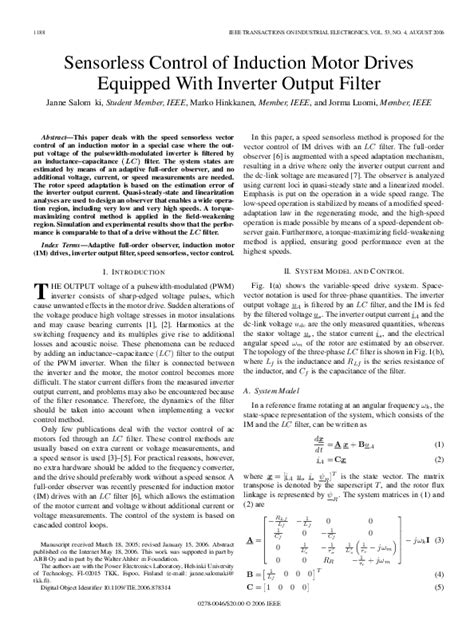 Pdf Sensorless Control Of Induction Motor Drives Equipped With Inverter Output Filter