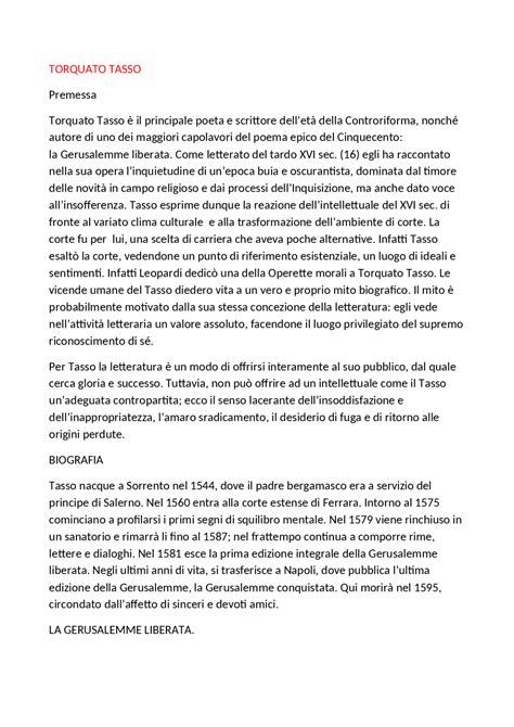 Torquato Tasso Biografia Dispense Di Italiano Docsity