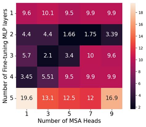 impact of number of fine tuning mlp layers and number of msa heads in