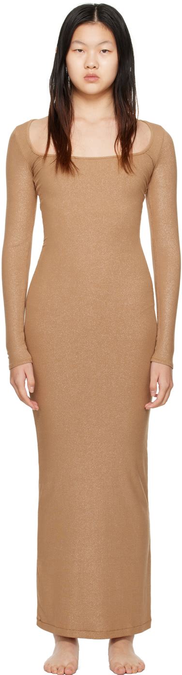 Skims Tan Soft Lounge Shimmer Long Sleeve Maxi Dress Skims