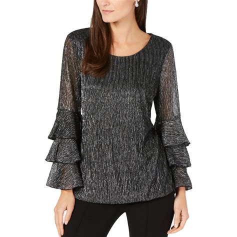 Alfani Womens Layered Sleeves Crew Neck Blouse
