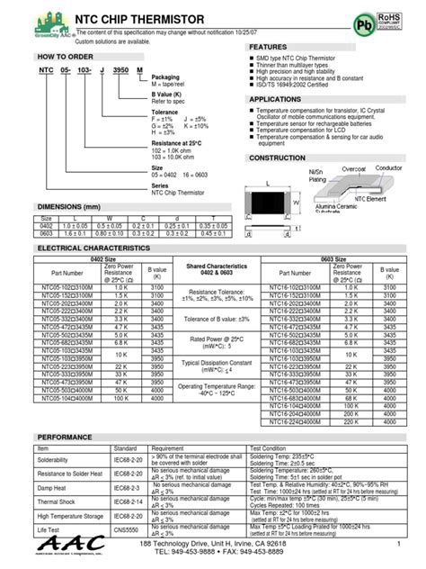 Specifications And Performance Characteristics For Ntc Chip Thermistors