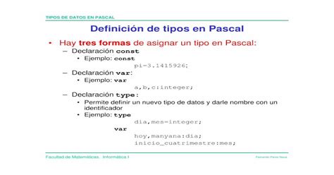 Tipos De Datos En Pascal Definición De Tipos En Pascal · Facultad De