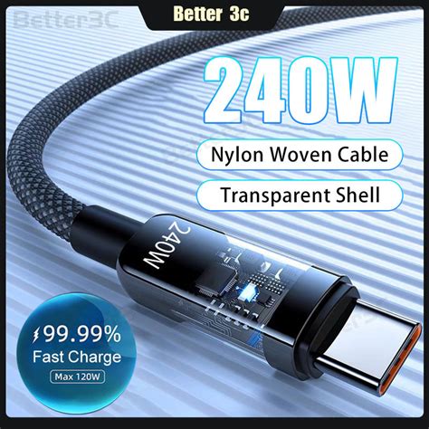 สายไฟป้องกันการโค้งงอนทอไนลอน 240w Usb ถึง Type C สายชาร์จเร็ว Type C สายชาร์จโทรศัพท์รองรับการ