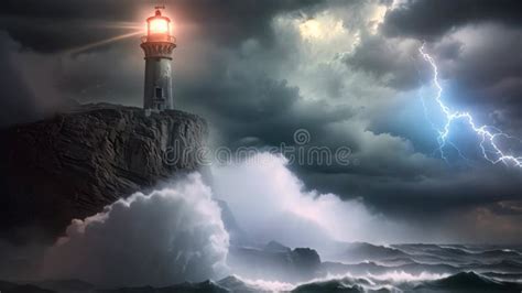 A Lighthouse With A Powerful Beam Cutting Through A Stormy Night With