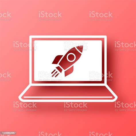 로켓이 있는 노트북 그림자가 있는 빨간색 배경의 아이콘 3차원 형태에 대한 스톡 벡터 아트 및 기타 이미지 3차원 형태 Launch Party 개념 Istock