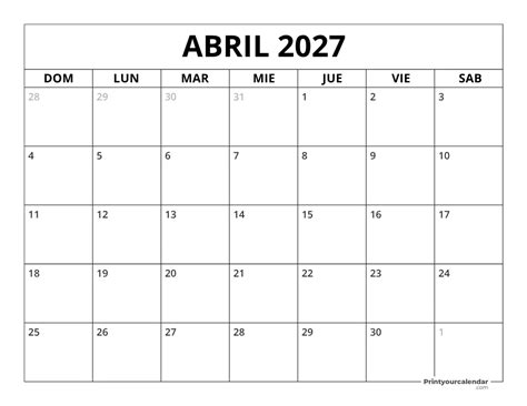 Calendario Abril 2027 Para Imprimir Gratis
