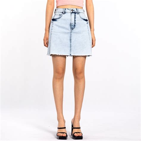Designer White Wash Color Blocked Irregular Raw Hem Jean Skirt For