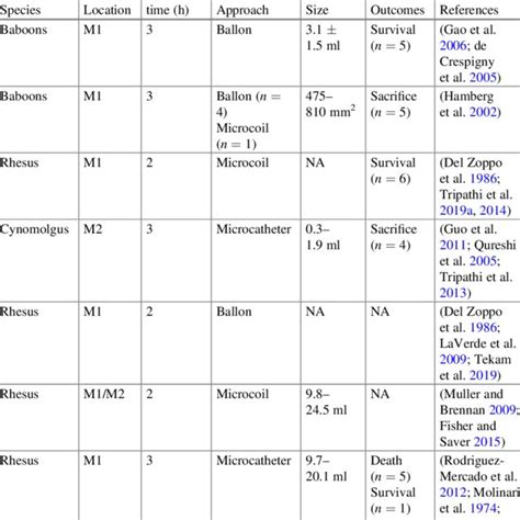 Summary Of Persistent Middle Cerebral Artery Occlusion In Non Human