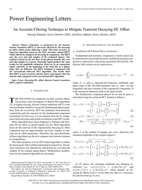 Pdf An Accurate Filtering Technique To Mitigate Transient Decaying Dc