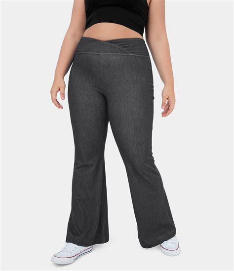 Womens High Waisted Crossover Stretchy Knit Denim Plus Size Casual