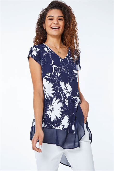 Floral Asymmetric Chiffon Hem Top In Navy Roman Originals Uk