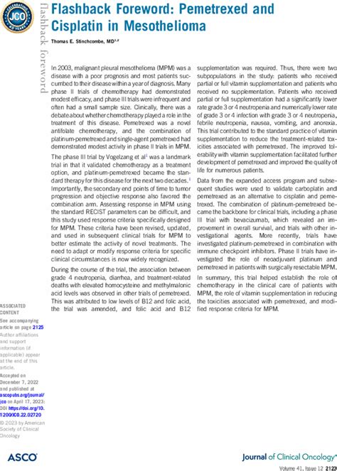 Flashback Foreword Pemetrexed And Cisplatin In Mesothelioma Journal Of Clinical Oncology