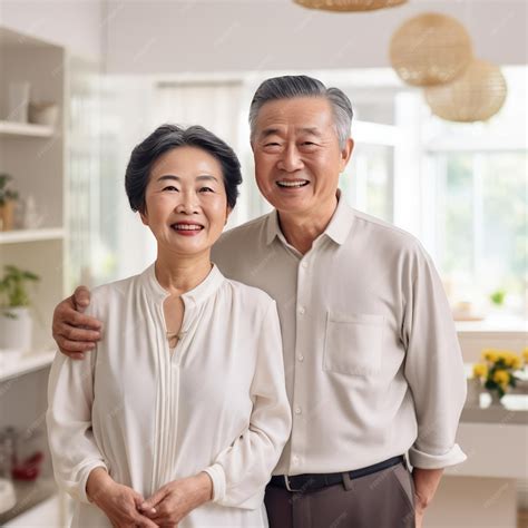 Photo Of Chinese 60 Years Old Couple Standing Smiling Light Color