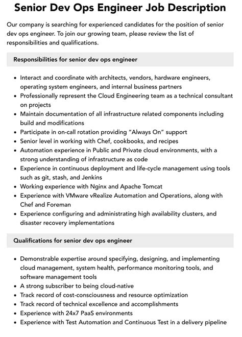 Senior Dev Ops Engineer Job Description Velvet Jobs