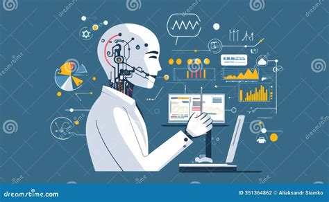 Illustration Of A Robot Analyzing Data On A Computer Screen Stock