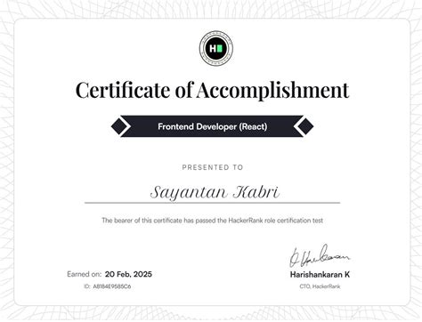 Excited To Share That I Have Earned The Hackerrank Frontend Developer