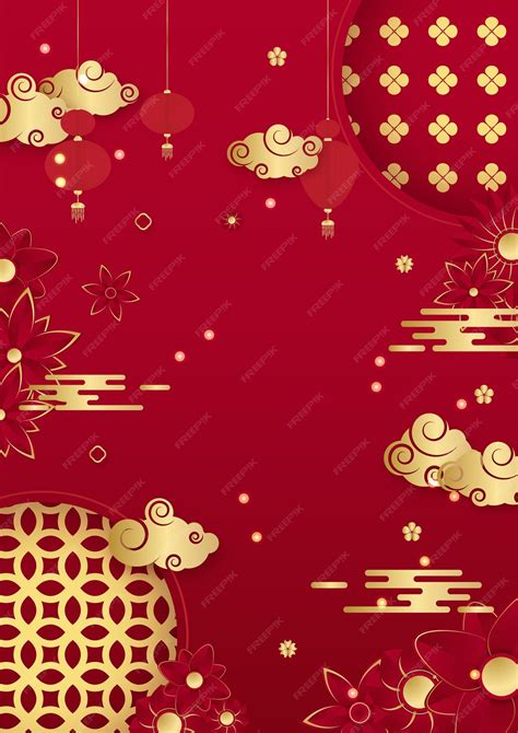 중국 중국 보편적인 빨간색과 금색 배경에는 랜턴 꽃 나무 상징 패턴이 있습니다 빨간색과 금색 종이 중국 배경 템플릿 프리미엄 벡터