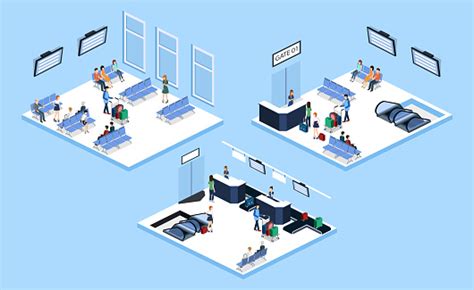 아이소메트릭 3d 벡터 일러스트 레이 션 및 비행기를 기다리는 공항에서 사람들을 설정 3차원 형태에 대한 스톡 벡터 아트 및 기타 이미지 3차원 형태 개념 개념과