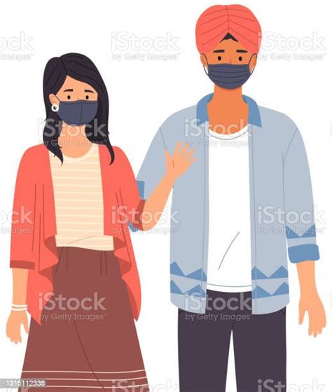 의료 용 마스크를 착용 인도 남자와 소녀 전염병 중 자기 고립에 다국적 커플 가공의 인물에 대한 스톡 벡터 아트 및 기타 이미지