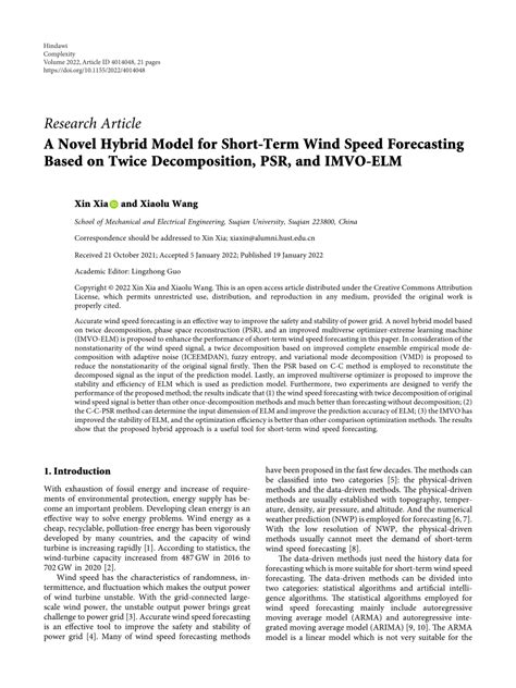 Pdf A Novel Hybrid Model For Short Term Wind Speed Forecasting Based On Twice Decomposition