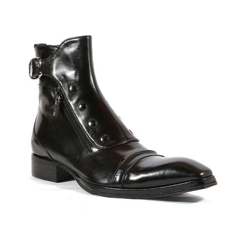 Handmade Men Black Ankle Strap Side Zipper And Button Leather High