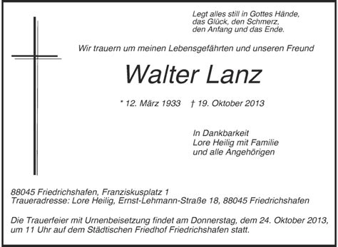 Traueranzeigen Von Walter Lanz Schwaebische De Trauerportal