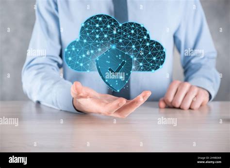 Cloud Technology Polygonal Wireframe Cloud Storage Sign With Shield With A Tick On Dark Blue