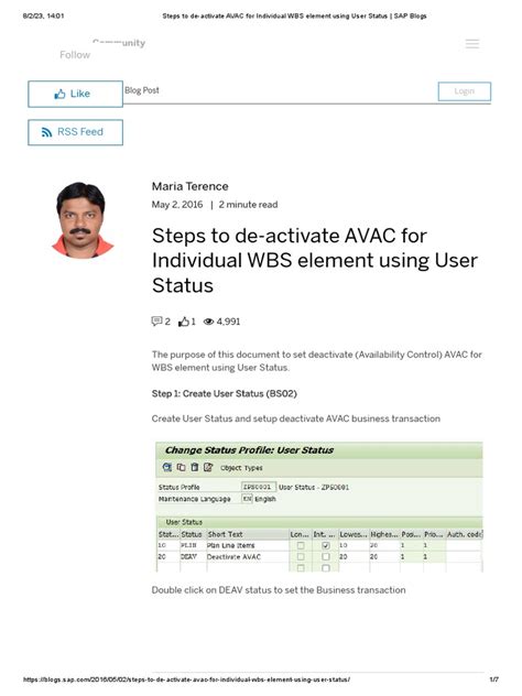 Steps To De Activate Avac For Individual Wbs Element Using User Status