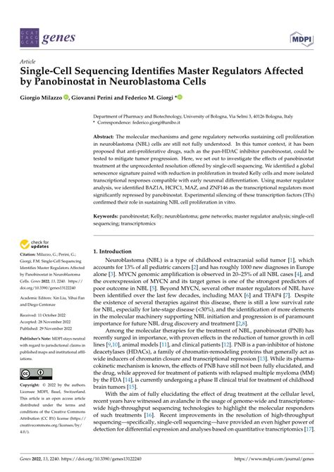 Pdf Single Cell Sequencing Identifies Master Regulators Affected By Panobinostat In