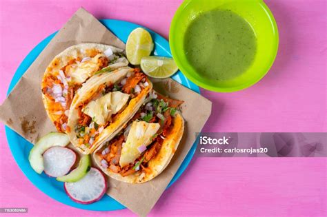 Mexican Food Authentic Tacos Al Pastor With Lime And Pineapple Stock