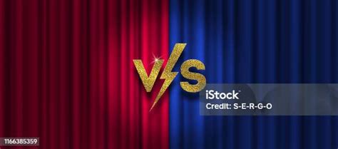 빨간색과 파란색 커튼 배경에 글리터 골드 대 로고 Vs 게임 전투 성능 쇼 경기 스포츠 또는 싸움 경쟁 경쟁의 게임 개념에 대한 로고 대 벡터 일러스트레이션 무대에 대한