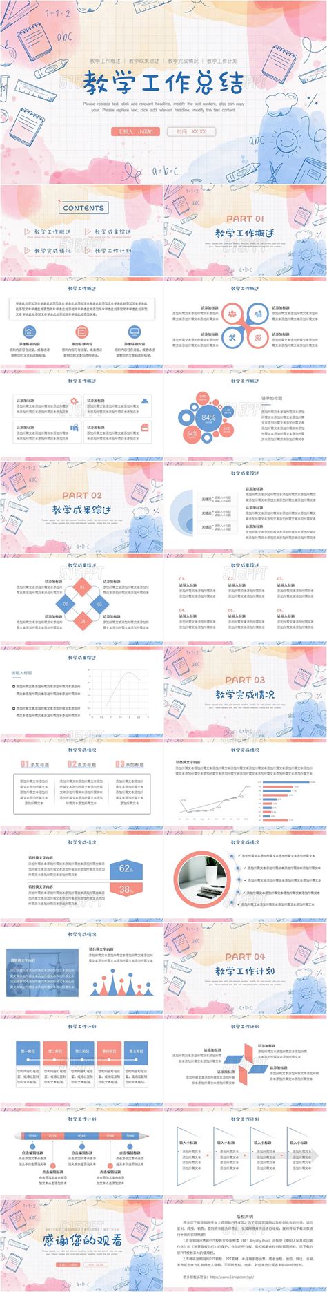 蓝色简约水彩风学校工作总结教学工作总结ppt模板 515ppt