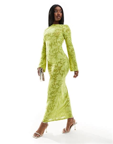 Asos Design Low Back Sheer Burnout Mesh Maxi Dress With Angel Sleeves