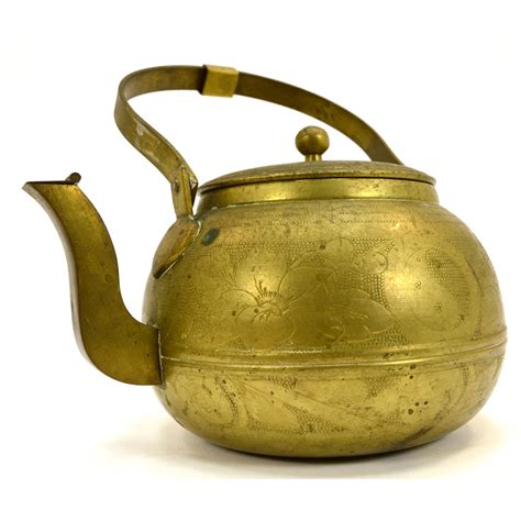Antique Heavy Brass Teapot 55 Hand Engraved Yin And Yang Flower Whale