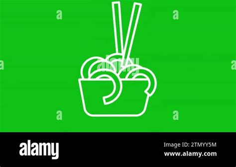 Animated Ramen Bowl White Line Icon Chopsticks Grabbing Asian Noodles
