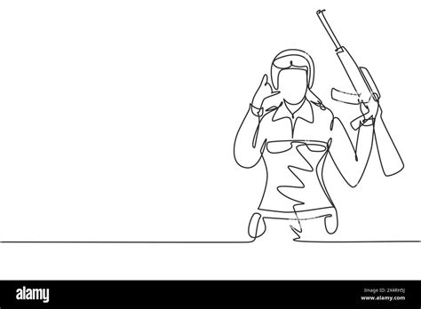 Single Continuous Line Drawing Female Soldier With Call Me Gesture