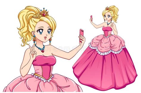 可爱的动画公主自拍 金发女郎，穿粉色皇室连衣裙和金冠 向量例证 插画 包括有 照相机 查出 设备 183287822