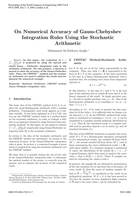 PDF On Numerical Accuracy Of Gauss Chebyshev Integration Rules Using The Stochastic Arithmetic