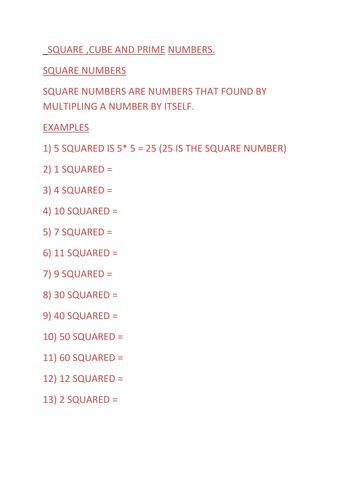 Square Cube And Prime Numbers Teaching Resources