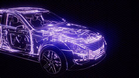 Holographic Animation Of 3d Wireframe Car Model With Engine Stock
