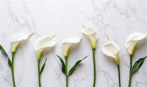 A Row Of White Flowers Are Arranged On A Marble Countertop Stock Photo