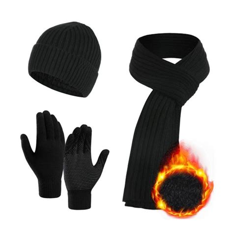 Fapkyl Soft Hat Scarf Gloves Set 3 In 1 Solid Color Winter Cable Beanie