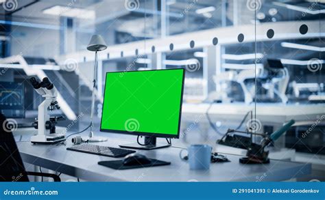 Modern Industrial Research Laboratory With Desktop Computer With Green