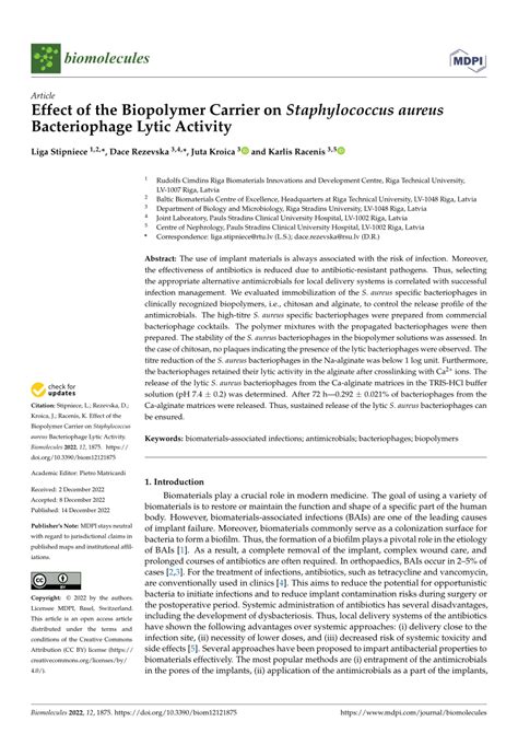 Pdf Effect Of The Biopolymer Carrier On Staphylococcus Aureus