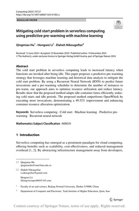 Mitigating Cold Start Problem In Serverless Computing Using Predictive Pre Warming With Machine