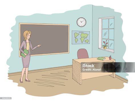 교실 그래픽 색상 학교 인테리어 스케치 그림 벡터입니다 교사는 칠판에 표시 대학교에 대한 스톡 벡터 아트 및 기타 이미지
